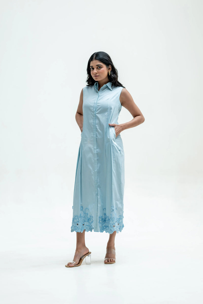 Powder Blue Sleeveless Midi Dress with Cutwork Embroidery | Summer ...